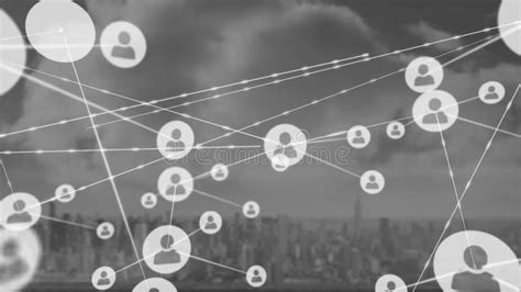 Animation Of Network Of Connections With Icons Over Cityscape Stock