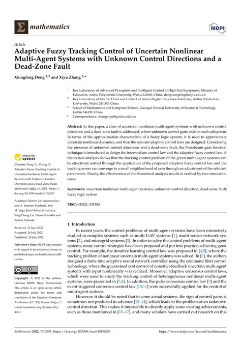 Pdf Adaptive Fuzzy Tracking Control Of Uncertain Nonlinear Multi Agent Systems With Unknown