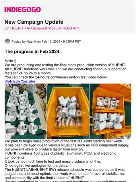 Indiegogo 📢 Update 21 From Huenit Ai Camera And Modular Robot Arm