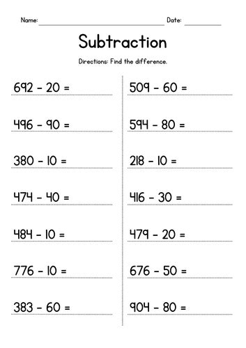 subtracting whole tens from 3 digit numbers teaching resources