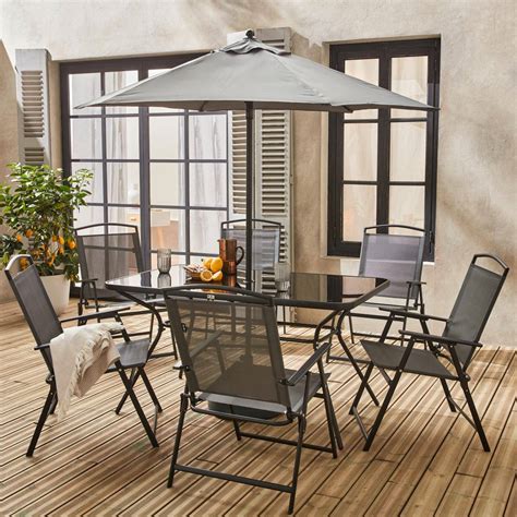 Mesa De Jardín De Acero Con 6 Sillas Y 1 Sombrilla Gris