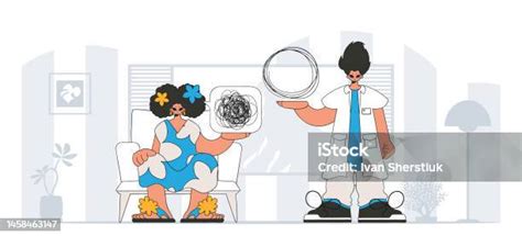 주제 도움말 절망감과 절망감에 사로 잡힌 사람 심리학자는 얽힌 생각을 풀어냅니다 환자는 자신의 마음 깊은 곳에서 길을 잃었다는 것을 보여줍니다 감정에 대한 스톡 벡터 아트