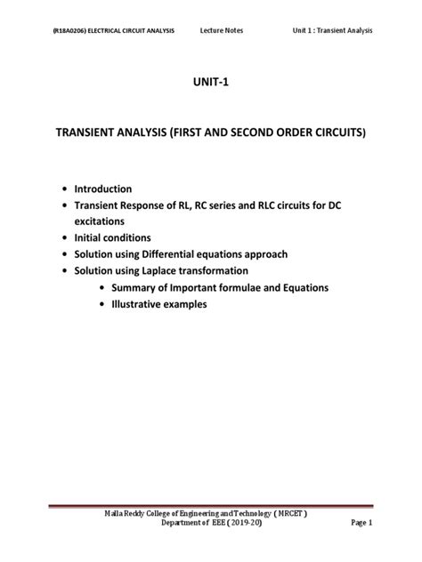 Unit 1 Lecture Notes Unit 1 Transient Analysis Pdf Electrical