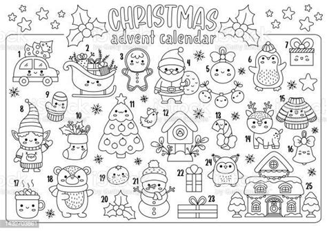 벡터 흑백 크리스마스 출현 카운트 다운 달력 전통적인 휴일 기호와 함께 아이들을위한 귀여운 라인 카와이 겨울 플래너 산타 클로스 나무 사슴이있는 축제 새해 색칠 공부 페이지