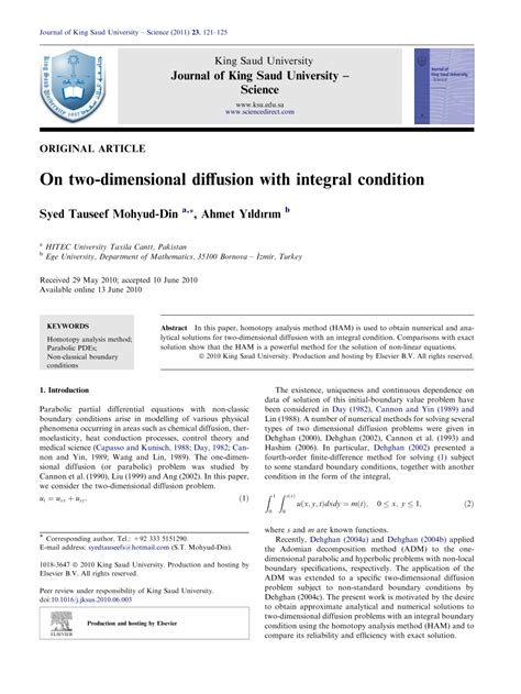 Pdf On Two Dimensional Diffusion With Integral Condition