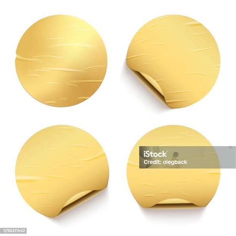 골드 접착제 라운드 스티커 황금 백 사이드 컬링 세트 3d 원형 모양의 빈 종이 라벨 벡터 일러스트레이션 빛나는 껍질 효과와