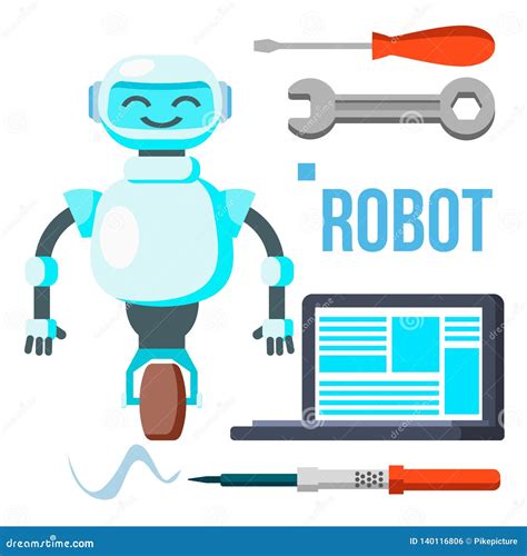 Robot With Laptop Vector Homemade Assistant Helper Isolated Flat