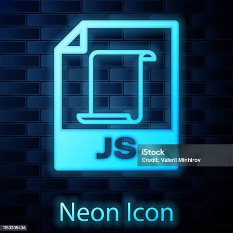 發光霓虹燈 js 檔文檔圖示下載 js 按鈕圖示隔離在磚牆背景js 檔符號向量插圖向量圖形及更多javascript圖片