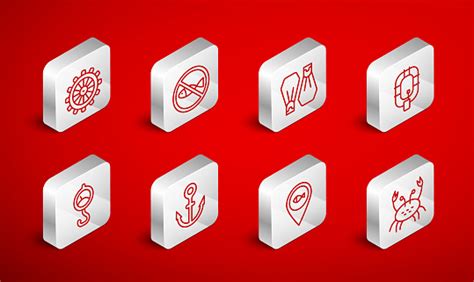 세트 라인 게 낚시 없음 수영용 고무 오리발 풍선 보트 위치 선박 스티어링 휠 앵커 및 스프링 스케일 아이콘 벡터 3차원 형태에 대한 스톡 벡터 아트 및 기타 이미지