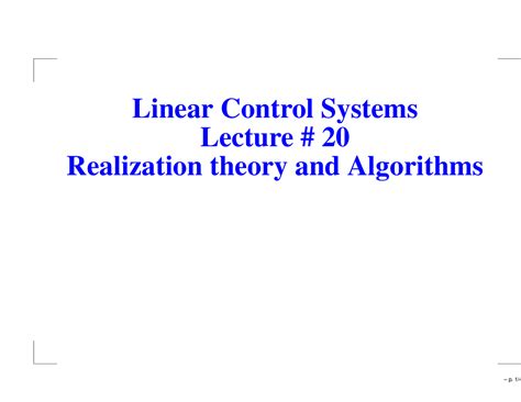 Realization Theory And Algorithms Lecture Notes Linear System And Control Docsity