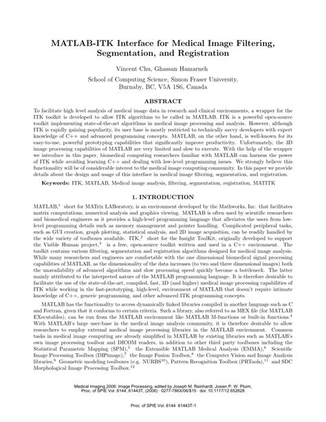 PDF MATLAB ITK Interface For Medical Image Filtering Segmentation And Registration Art No