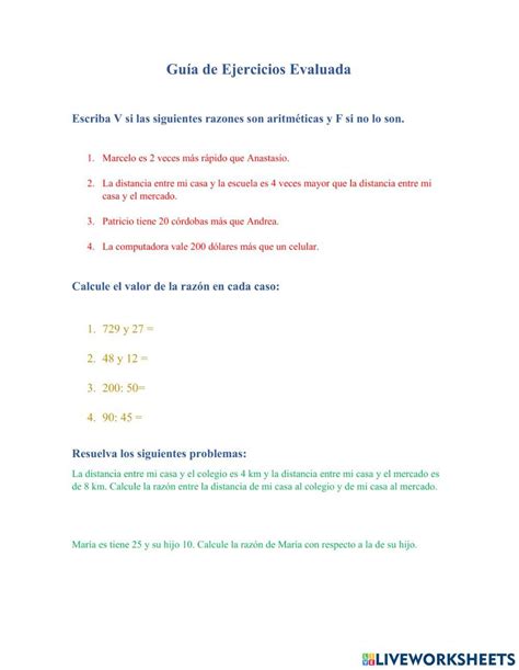 Razones Interactive Worksheet For 6to Live Worksheets