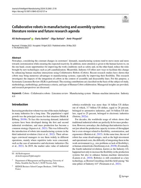 Collaborative Robots In Manufacturing And Assembly Systems Pdf Systematic Review Methodology