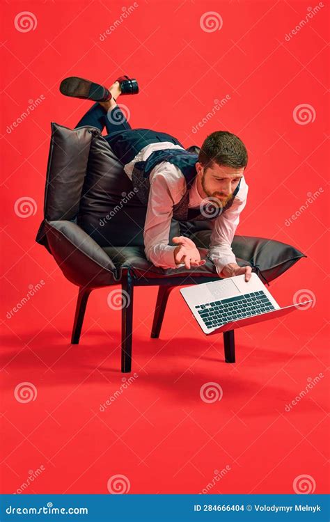 Finishing Tasks Businessman Lying On Armchair In Weird Pose Working