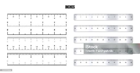 길이 또는 높이를 측정하기 위한 검은색 인치 스케일이 있는 사실적인 금속 눈금자 분할이 있는 다양한 측정 스케일 눈금자 줄자 표시 크기 표시기 벡터 그림 0명에 대한 스톡