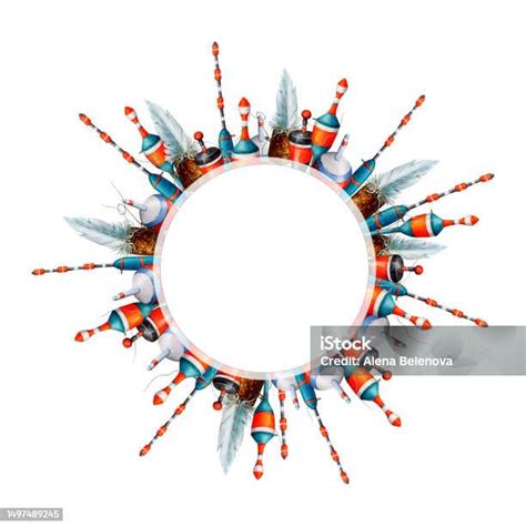 낚싯줄이 있는 다양한 낚시 버블러 빨강 흰색 파랑 검정색의 둥근 프레임을 수채화로 그립니다 배경 화면 로고 배너 아이콘 카드