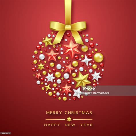 빛나는 별 활과 화려한 볼와 크리스마스 공 배경 메리 크리스마스 카드 그림에 빨간색 배경 0명에 대한 스톡 벡터 아트 및 기타 이미지 Istock