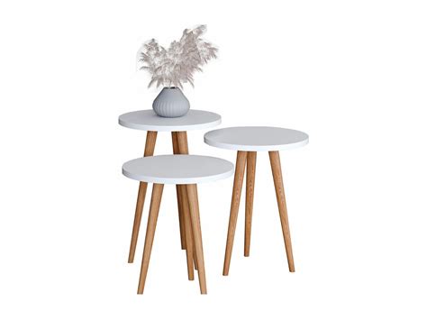 Vcm 3 Pcs Set Bois Rond Table Dappoint Table Basse Table De Salon Barilo Blanc
