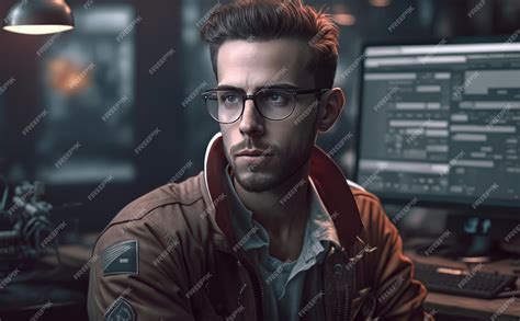 Premium Photo A Man Computer Engineer Programmer Sits At A Computer With A Monitor Ai Generated