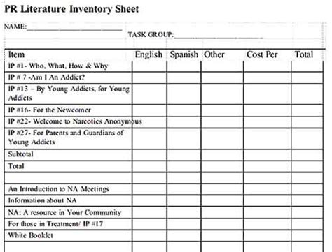 Inventory Count Sheet Printable Business Template Literature Counting
