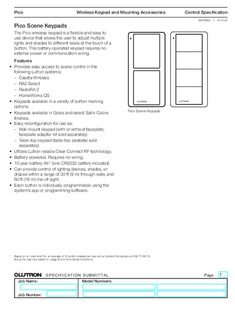 Wireless Pico Scene Keypads Specification Sheets And Accessories