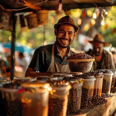 Coffee Vendors Selling Freshly Brewed Cups At A Market In Co