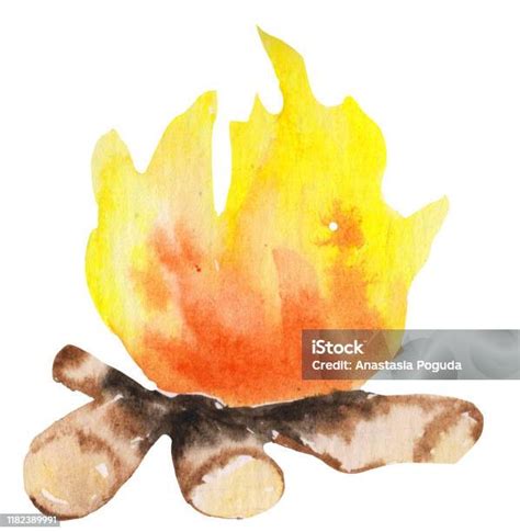 모닥불 인쇄 및 디자인을위한 손 그리기 캠프 파이어 수채화 일러스트 천연 소재 및 인공 적인 영향 휴식과 하이킹 0명에 대한
