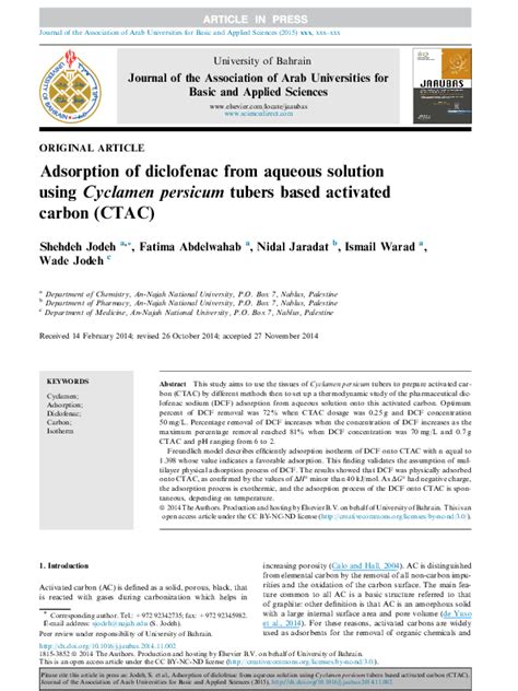Pdf Adsorption Of Diclofenac From Aqueous Solution Using Cyclamen Persicum Tubers Based
