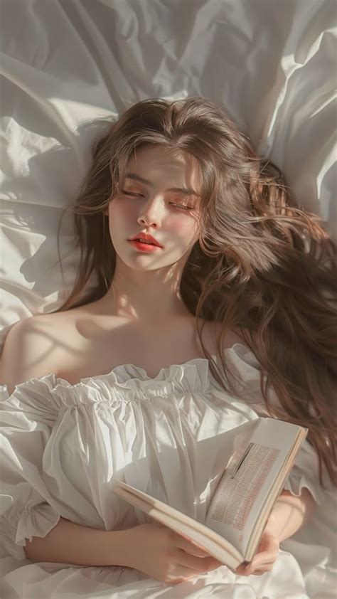 фотография девушки с длинными каштановыми волосами лежащей в постели и читающей книгу