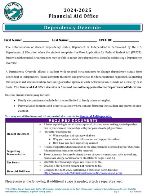 Fillable Online Dependency Override Application For Financial Aid Fax Email Print Pdffiller