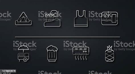 세트 라인 관광 텐트 빠른 거리 음식 카트 여행 엽서 에어컨 나무 맥주 잔 모래 성 파인애플 및 민소매 티셔츠 아이콘 벡터 거리에 대한 스톡 벡터 아트 및 기타 이미지