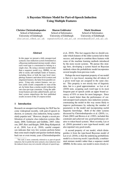 Pdf A Bayesian Mixture Model For Pos Induction Using Multiple Features
