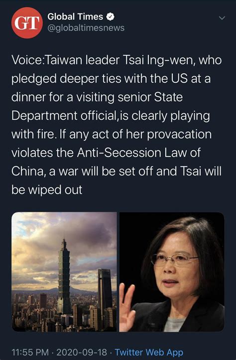 Ccp Propaganda Outlet Openly Threatening Taiwan On Twitter In