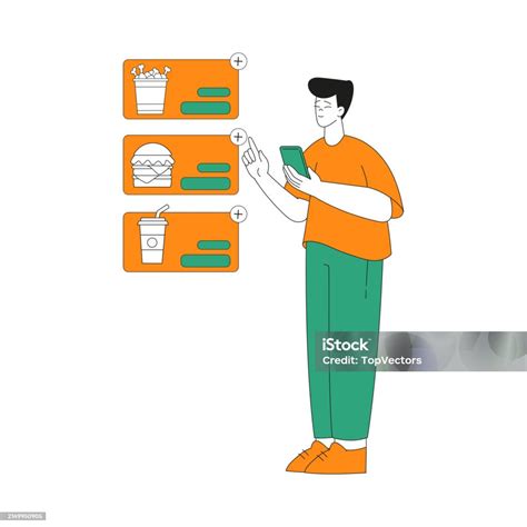 남자 캐릭터 와 Smartphone 사용 음식 배달 App 벡터 일러스트 Brand Name Smart Phone에 대한 스톡 벡터 아트 및 기타 이미지 Brand