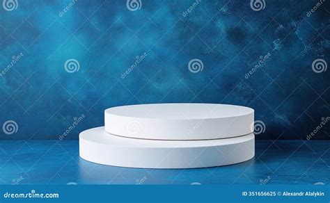 Two Empty Round White Platforms Stacked On Top Of Each Other Decorated With A Blue Background
