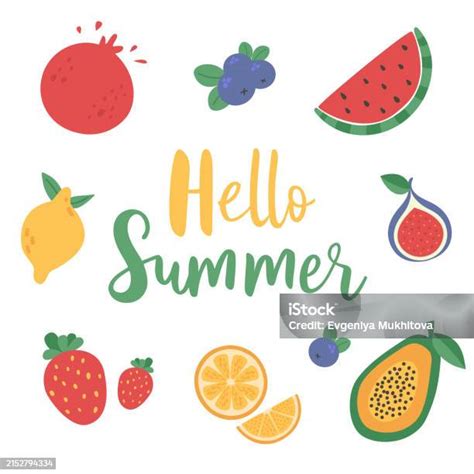 안녕하세요 여름 벡터 일러스트 레이 션입니다 과일과 열매로 손으로 그린 글자 0명에 대한 스톡 벡터 아트 및 기타 이미지 0명 감귤류 과일 개체 그룹 Istock