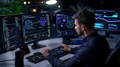 A Focused Man Analyzes Data On Multiple Monitors In A Modern Office Showcasing Advanced