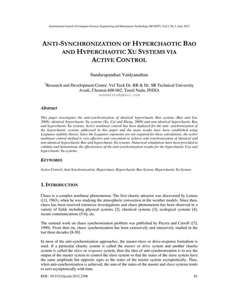 Anti Synchronization Of Hyperchaotic Bao And Hyperchaotic Xu Systems Via Active Control Pdf
