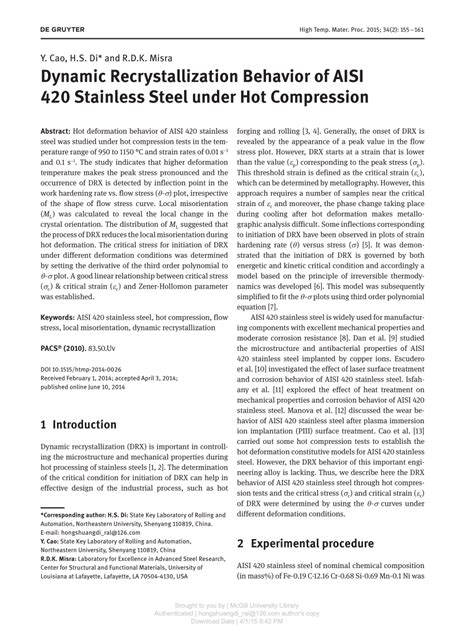 Pdf Dynamic Recrystallization Behavior Of Aisi 420 Stainless Steel