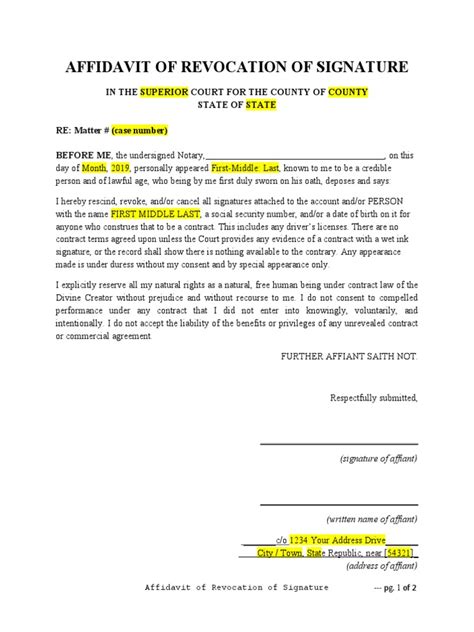 Affidavit Of Revocation Of Signature Template Pdf Affidavit Notary Public