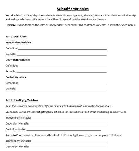 Scientific Variables Worksheet Teaching Resources