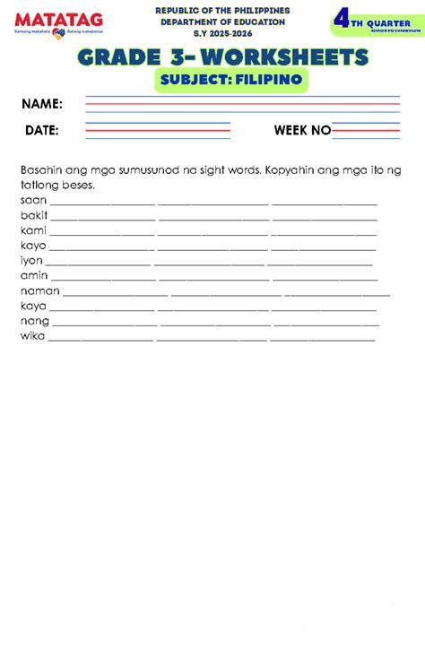 Q4 G3 Filipino Worksheets Sight Words And Reading Comprehension