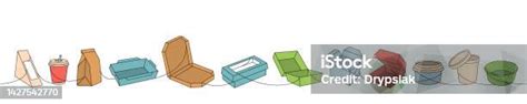 테이크 아웃 골판지 상자 한 줄 색깔의 연속 도면 빈 골판지 상자 테이크 아웃 음식을위한 가방 연속 한 줄 다채로운 그림 가방에 대한 스톡 벡터 아트 및 기타 이미지