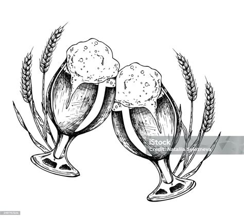 벡터 거품의 모자와 밀의 귀를 가진 맥주의 유리 그래픽 잉크 에일 그림 에코 유기농 호밀 또는 보리와 콘 배경에 고립되어 있습니다 손으로 그린 선 스케치 디자이너 프린트