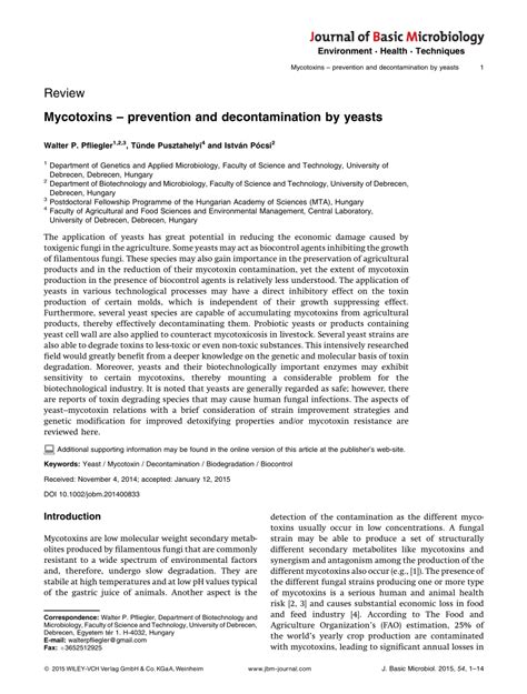 Pdf Mycotoxins Prevention And Decontamination By Yeasts