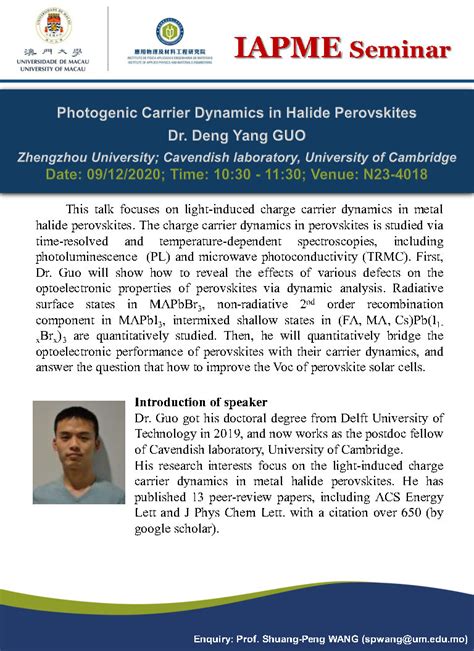 Iapme Seminar Dr Deng Yang Guo From University Of Cambridge On 9 Dec 2020 Institute Of