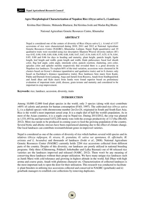 Pdf Agro Morphological Characterization Of Nepalese Rice Oryza Sativa L Landraces