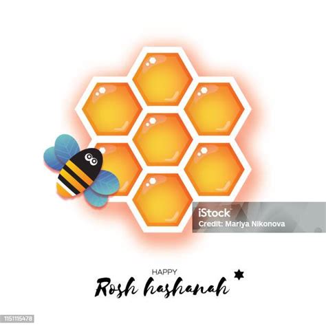 유대인 새 해 로 쉬 하시 나 아 인사말 카드 종이 접기 스타일의 오리 가미 육각 허니 골드 셀과 꿀 꿀벌 히브리어로 행복 한 휴일 흰색 배경입니다 건강관리와 의술에 대한