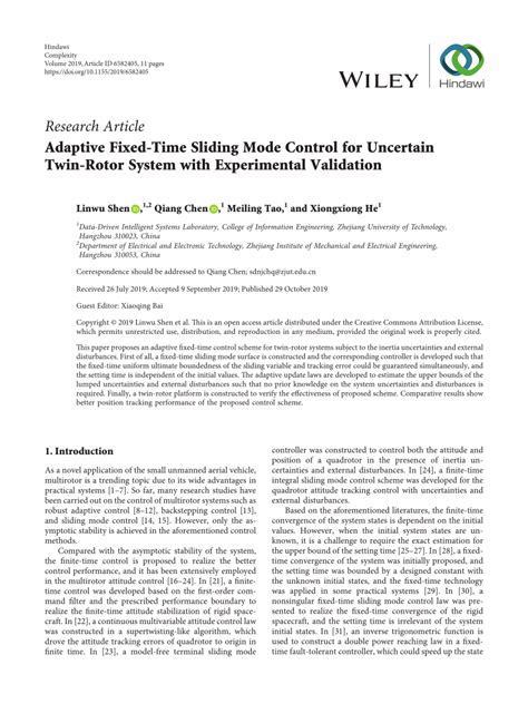 PDF Adaptive Fixed Time Sliding Mode Control For Uncertain Twin Rotor System With Experimental