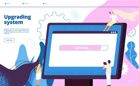 시스템을 업그레이드합니다 업그레이드 시스템 웹 사이트 업데이트 컴퓨터 노트북 소프트웨어 Pc 유지 보수 벡터 방문 페이지 작은 남자와 개발에 대한 스톡 벡터 아트 및 기타